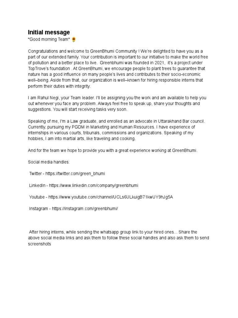 Welcome Message and Introduction to the GreenBhumi Community Internship ...