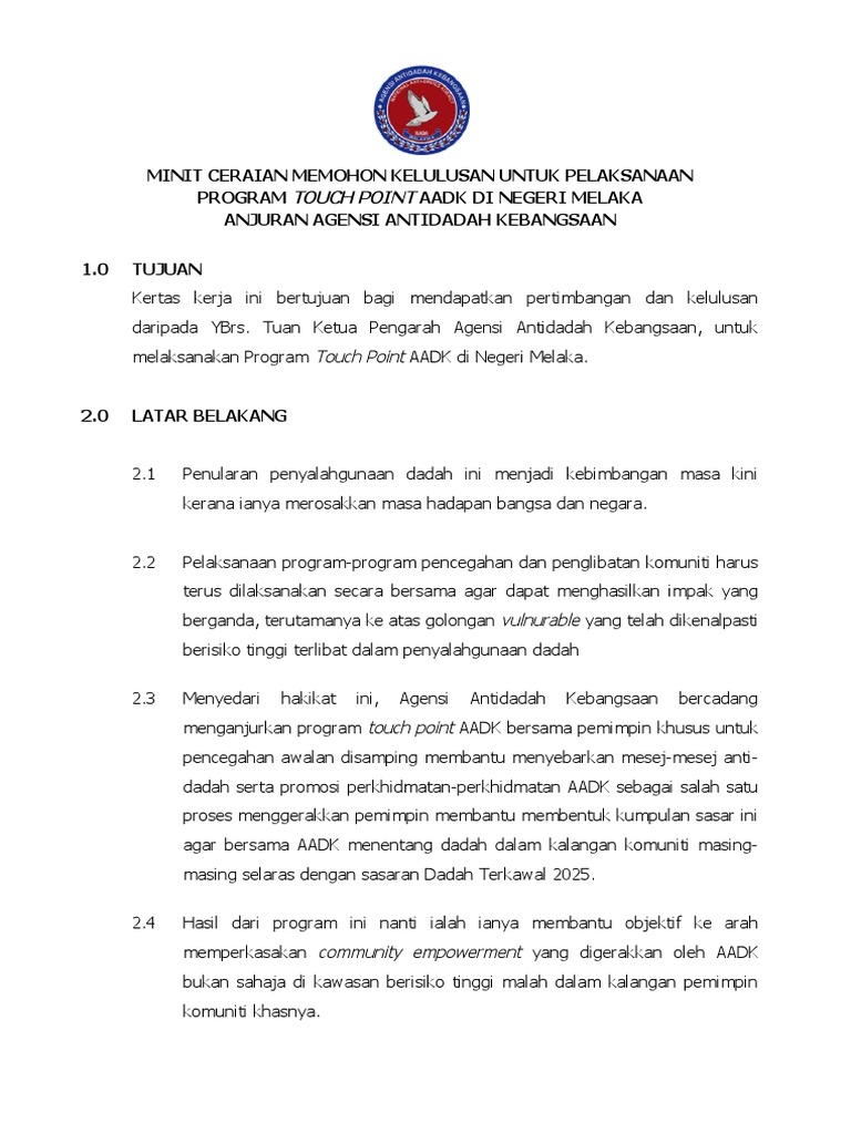 Contoh Kertas Cadangan Program TOUCH POINT AADK | PDF
