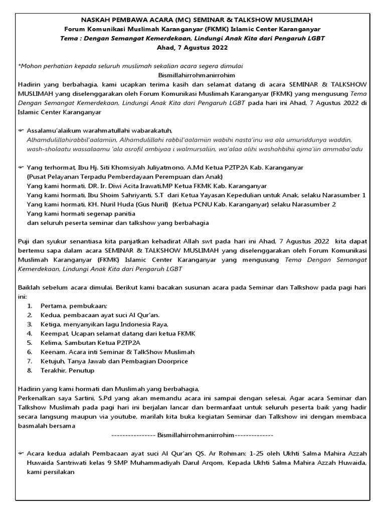 NASKAH MC Seminar & TalkShow 7 Agustus 2022 | PDF | Perjalanan