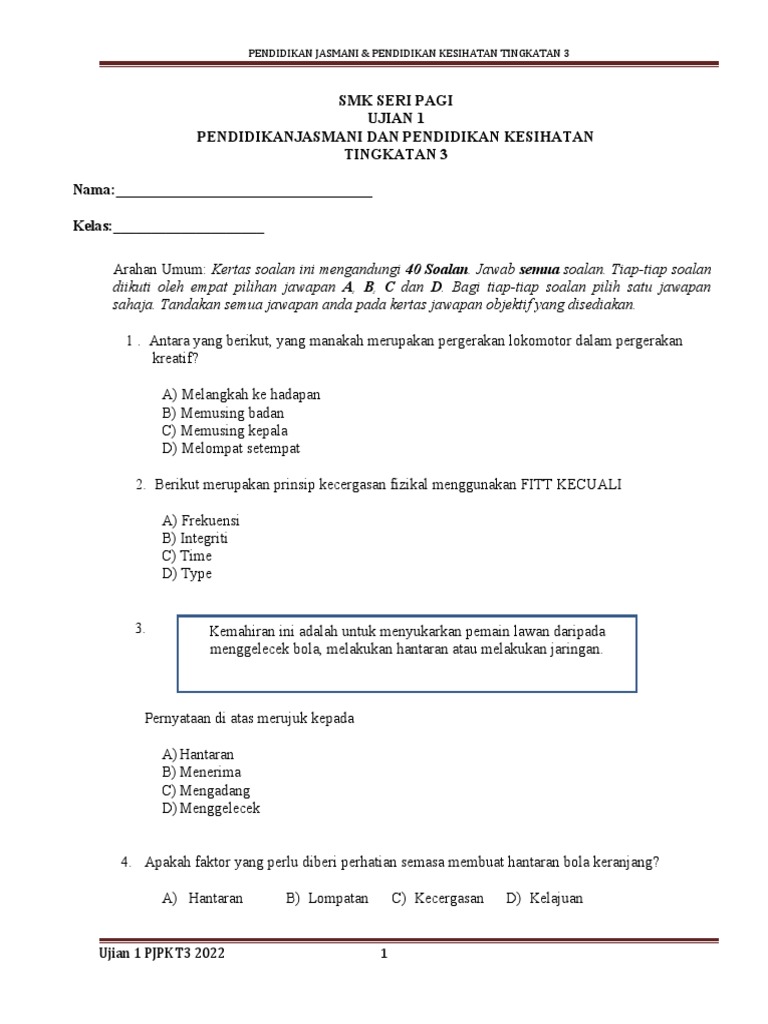 Ujian 1 SOALAN & SKEMA PJPK T3 SMKSP 2022 | PDF