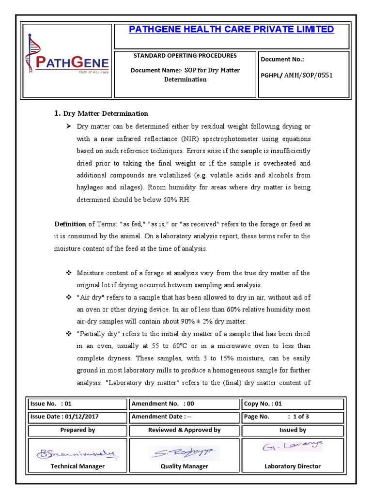 SOP for Dry Matter Determination | PDF