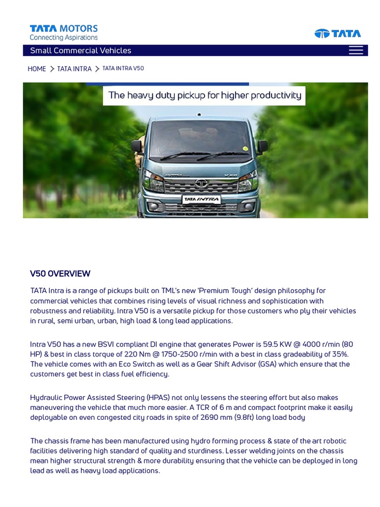 Tata Intra V50 Compact Pickup Trucks - Price, Features, Specifications ...