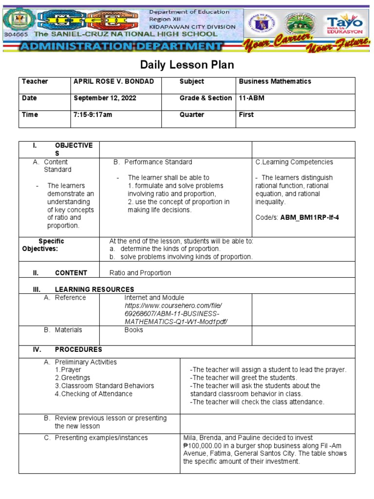 Daily Lesson Plan | PDF | Ratio | Teachers