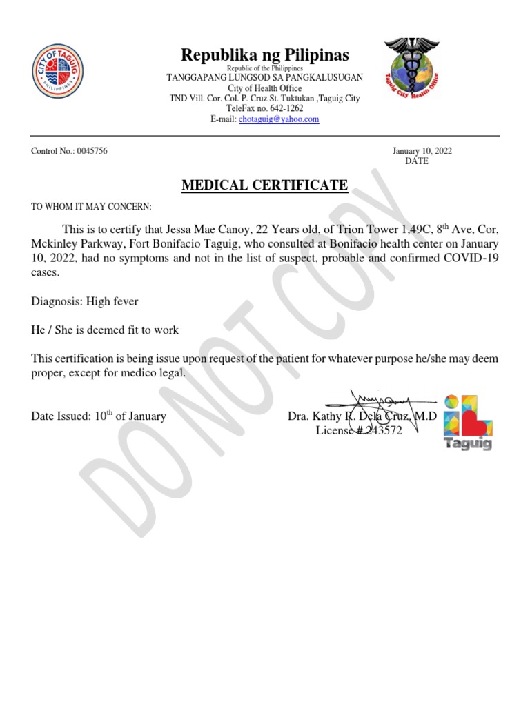 Medical Certificate (TAGUIG CITY) 111 | PDF | Diseases And Disorders | Medical Specialties