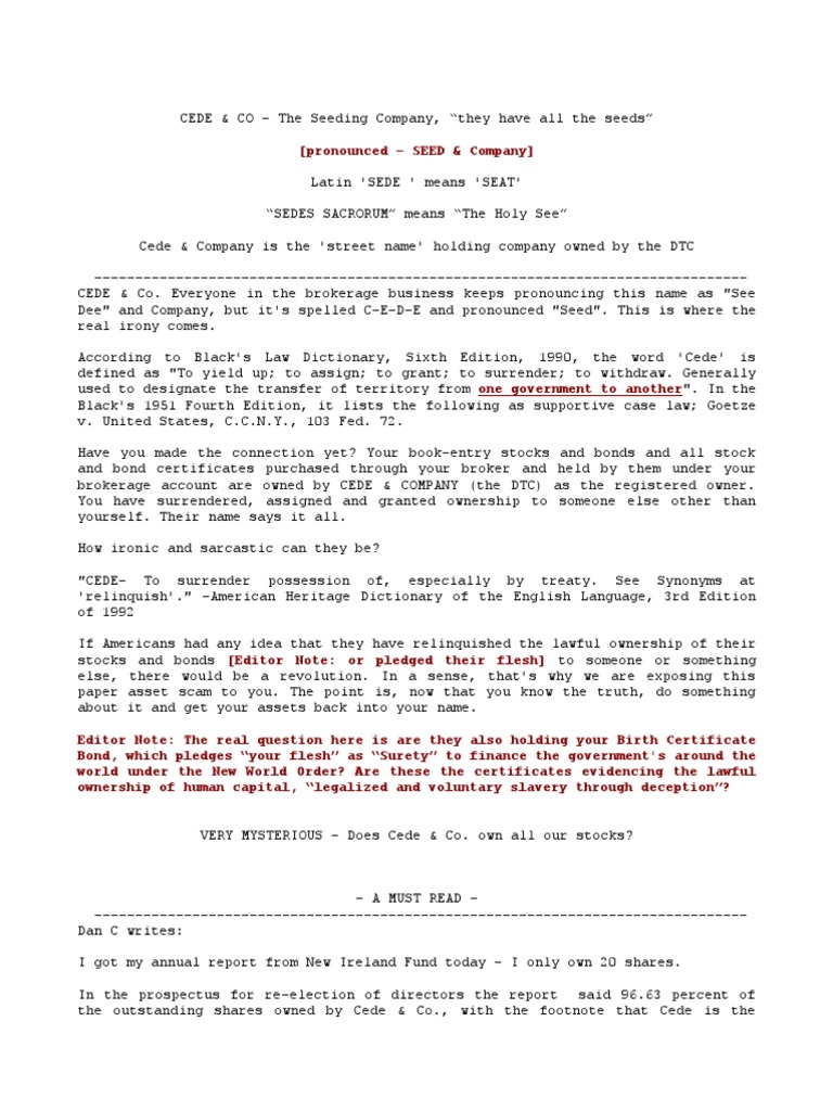 The Seeding Company CEDE TRUST Owned by DTC | PDF | Securities (Finance ...