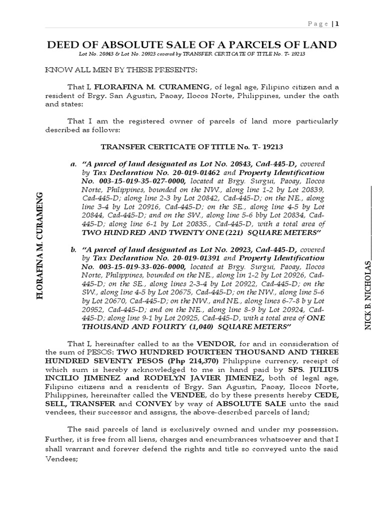 Deed of Absolute Sale of Parcels of Land - Curameng | PDF | Justice | Crime & Violence