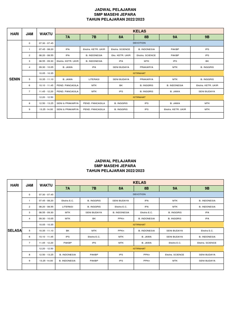Jadwal Pelajaran Kelas 7 | PDF