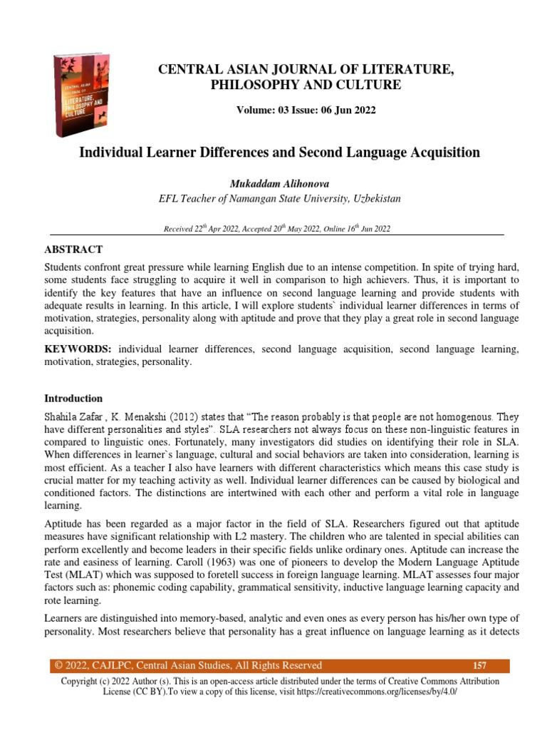 Individual Learner Differences and Second Language Acquisition | PDF ...