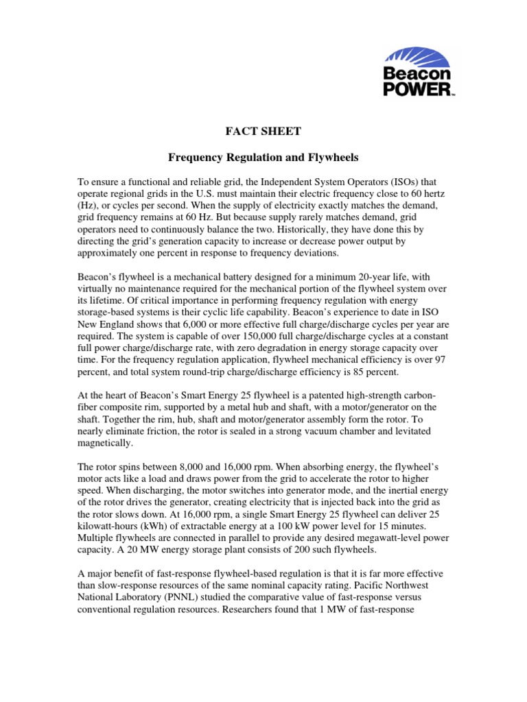Flywheel FR Fact Sheet | PDF | Electrical Grid | Electric Motor