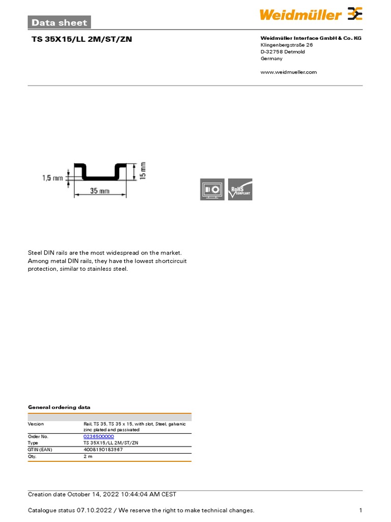 Data Sheet: TS 35X15/LL 2M/ST/ZN | PDF | Sheet Metal | Zinc
