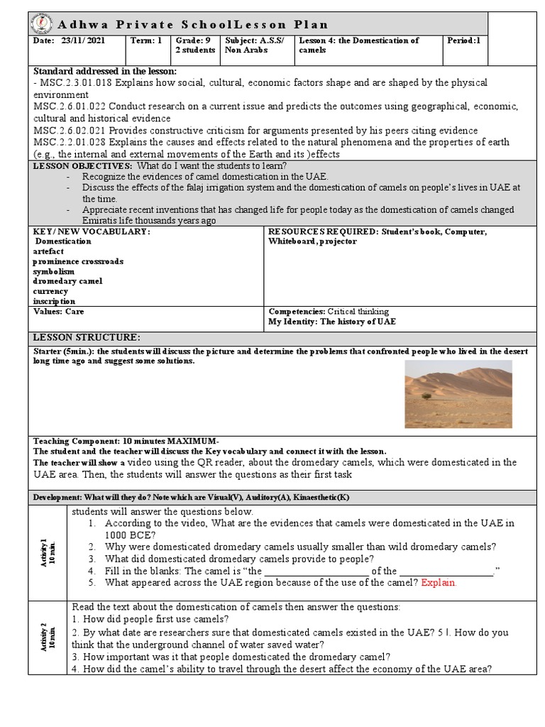 ASS - G9 LP T1 Lesson 4 Domestication of Camels | PDF | Camel | Teachers