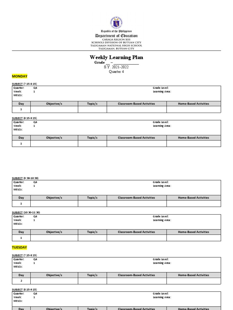 Weekly Learning Plan - Template | PDF | Learning | Behavior Modification
