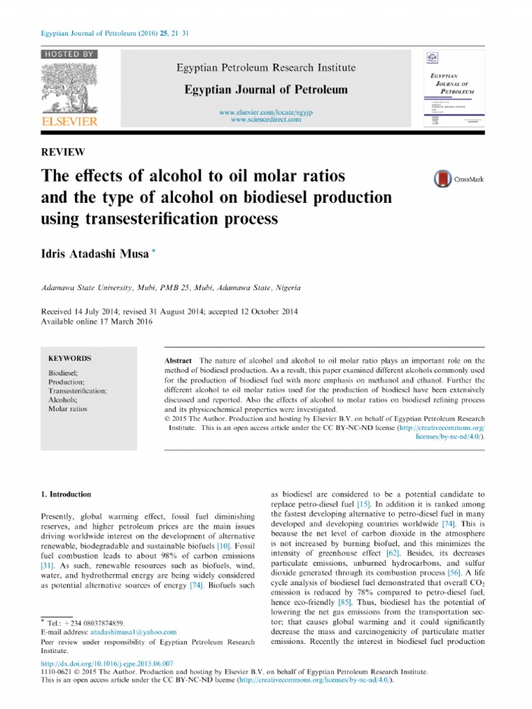 The Effects of Alcohol To Oil Molar Ratios and The Type of Alcohol On ...