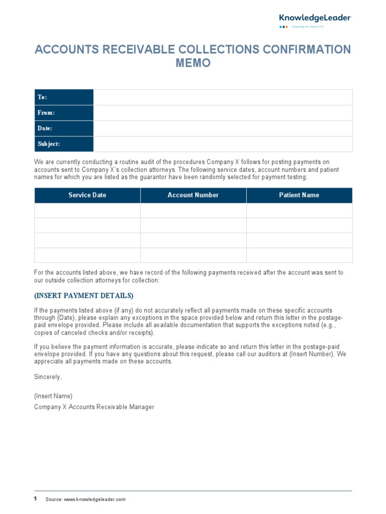 Accounts Receivable Collections Confirmation Example Letter Memo | PDF