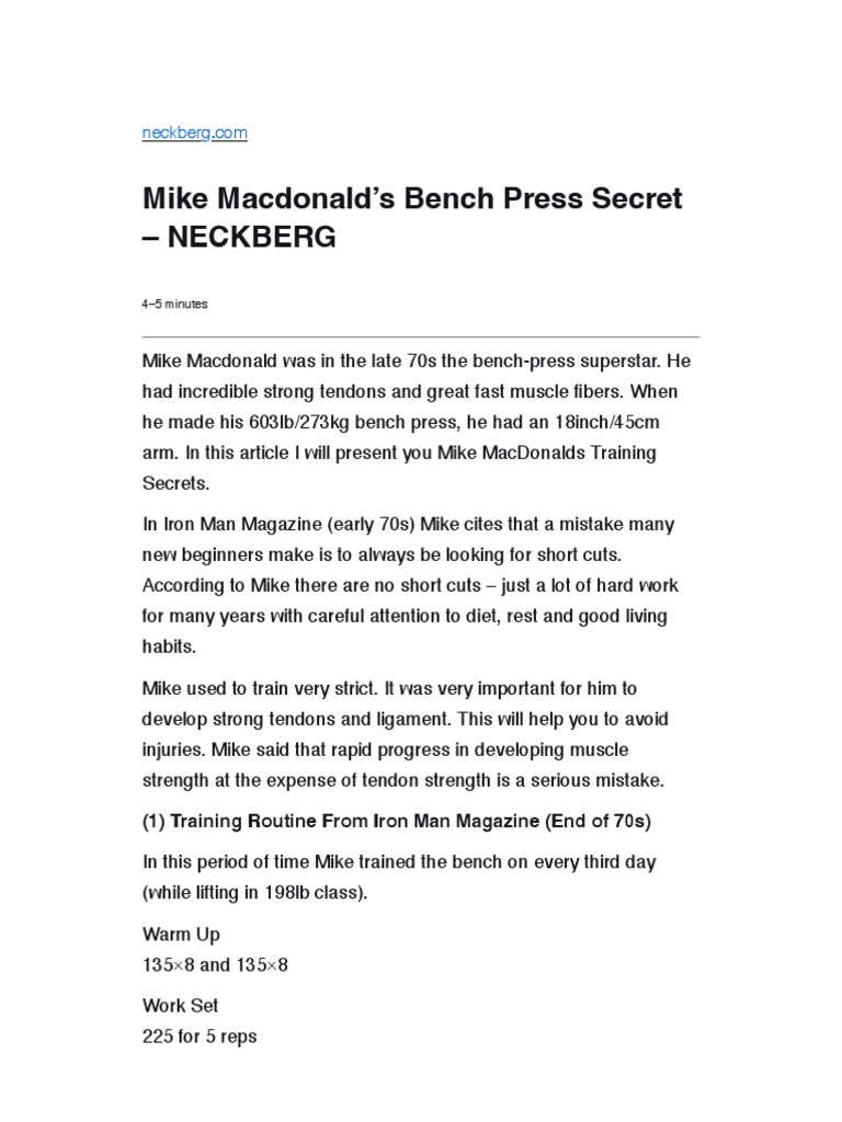 Mike Macdonald's Bench Press Secret - NECKBERG | PDF | Musculoskeletal ...