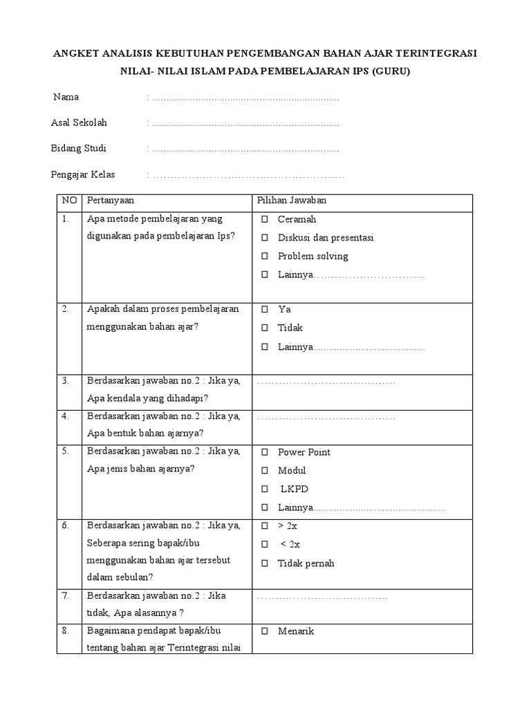 Angket Analisis Kebutuhan | PDF