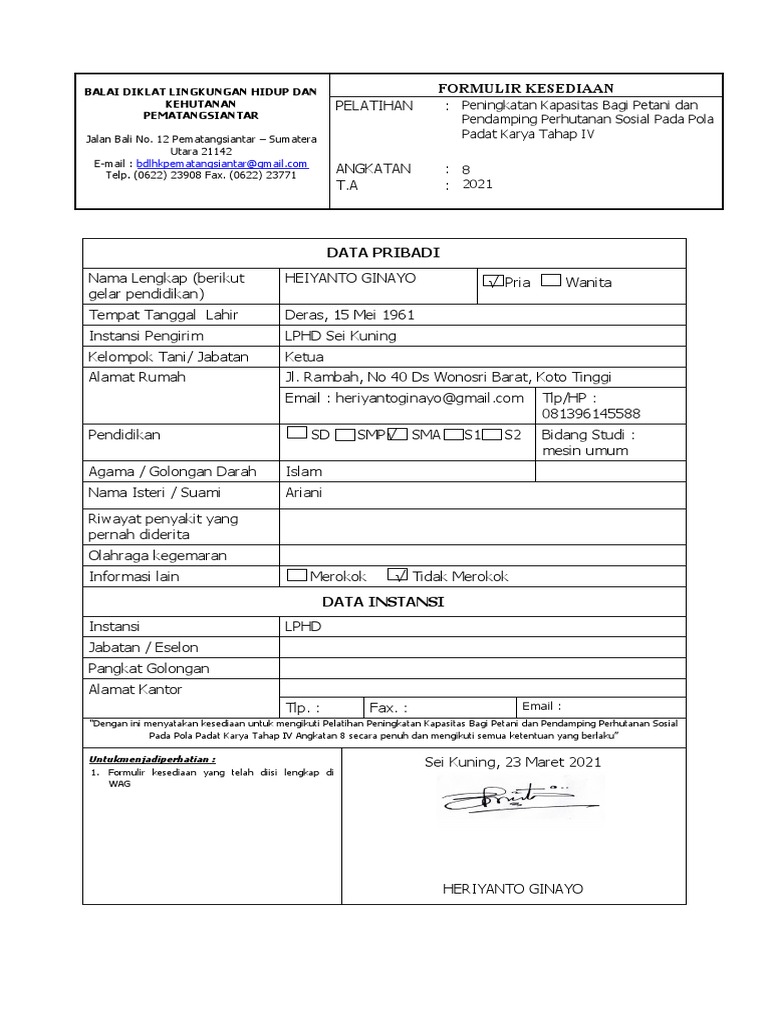 Formulir Kesediaan Peserta Diklat | PDF