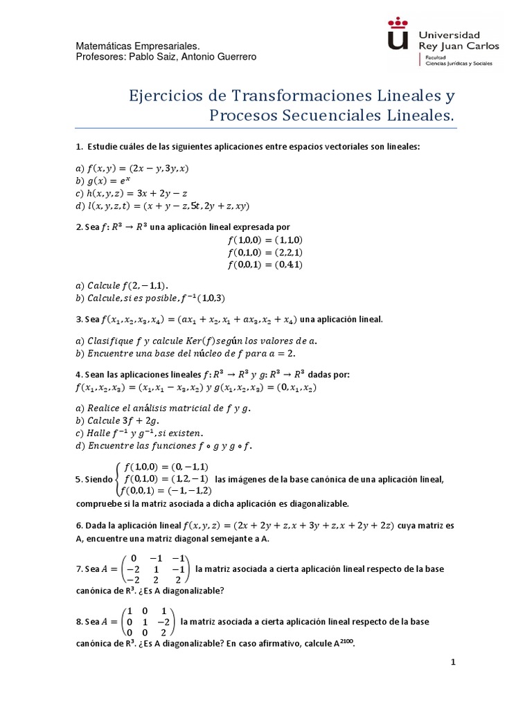 Tema 2. Ejercicios. Transformaciones Lineales. Procesos Secuenciales Lineales. | PDF | Mapa ...