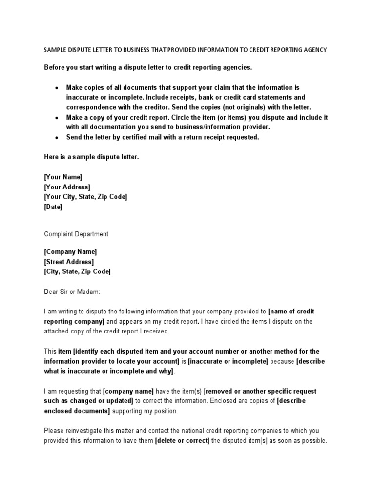 Sample Business Credit Dispute Letter | PDF