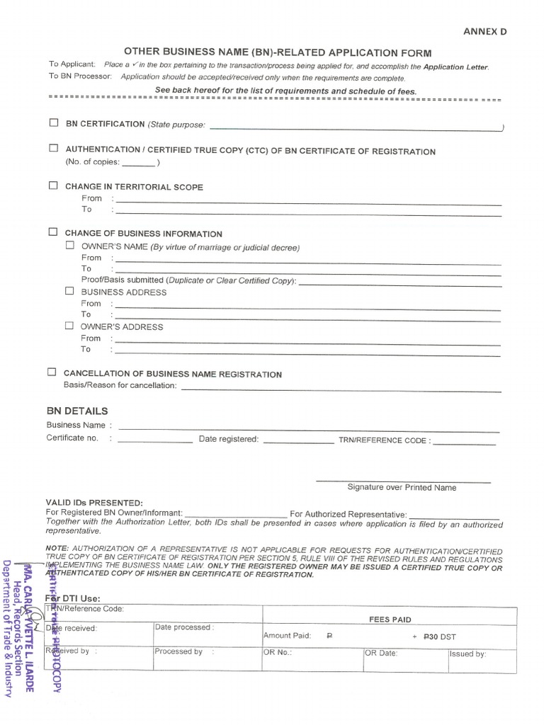 DAO No. 18-07, s.2018 Annex D - Other BN-related Application Form | PDF