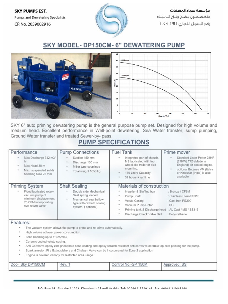 Sky Model-Dp150Cm - 6" Dewatering Pump: Performance Pump Connections ...