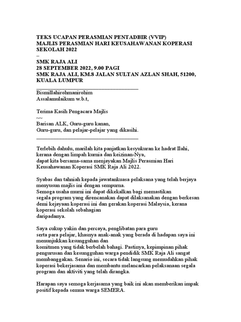 Teks Ucapan Perasmian Hari Koperasi 2022 | PDF