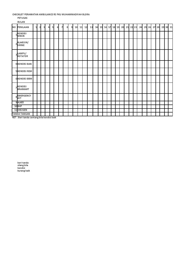 Ambulance Maintenance Checklist | PDF | Cooking, Food & Wine