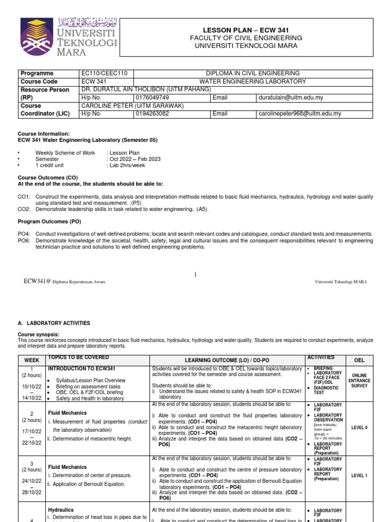 Faculty of Civil Engineering Universiti Teknologi Mara: Lesson Plan ...