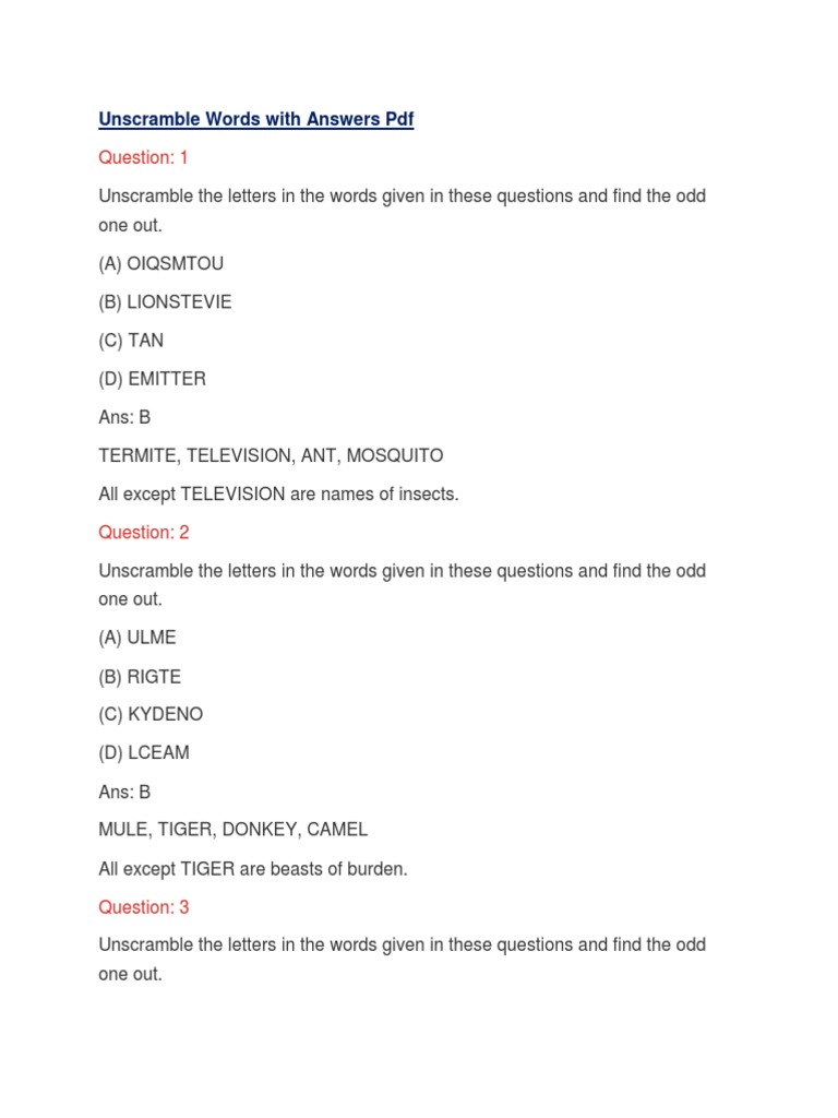 Unscramble Words With Answers | PDF