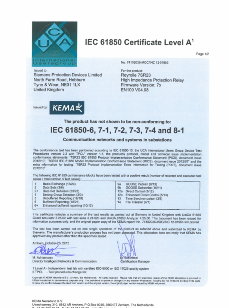 7SR23 IEC 61850 - KEMA Certificate Edition 1 | PDF