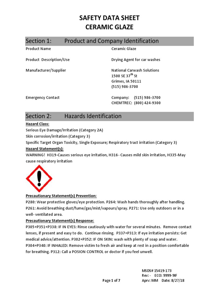 Ceramic Glaze SDS 8 27 18 | PDF | Toxicity | Dangerous Goods
