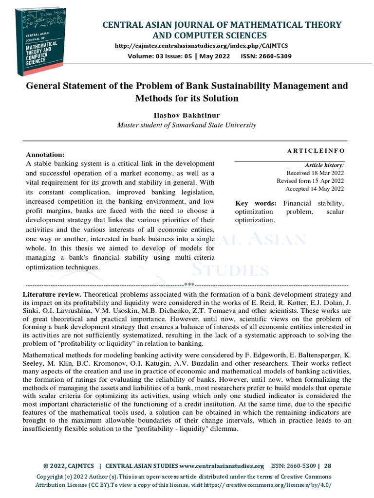General Statement of The Problem of Bank Sustainability Management and Methods For Its Solution ...