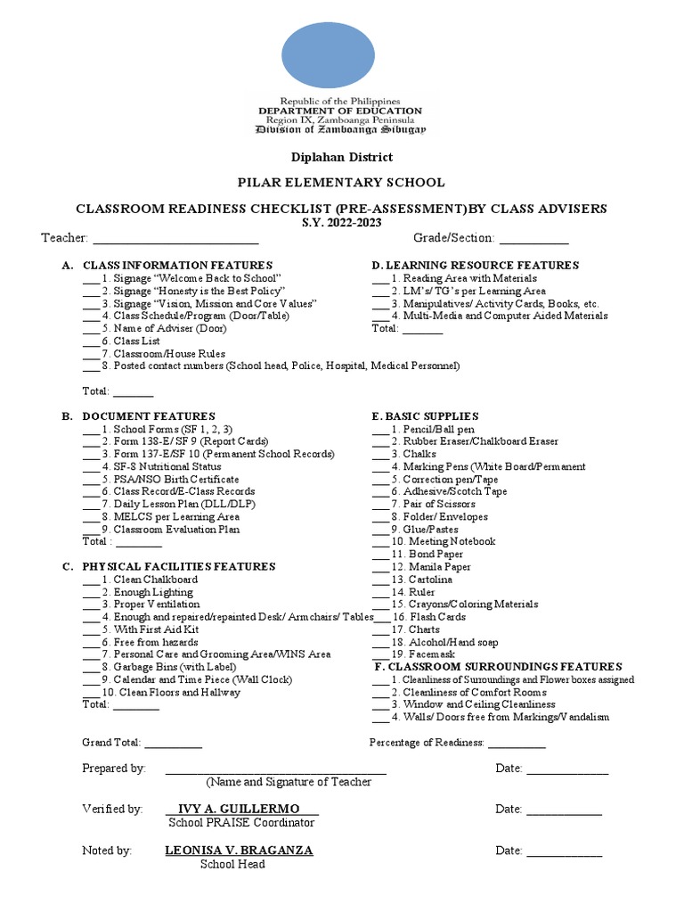 Classroom Readiness Checklist 2022-2023 | PDF | Adhesive | Classroom