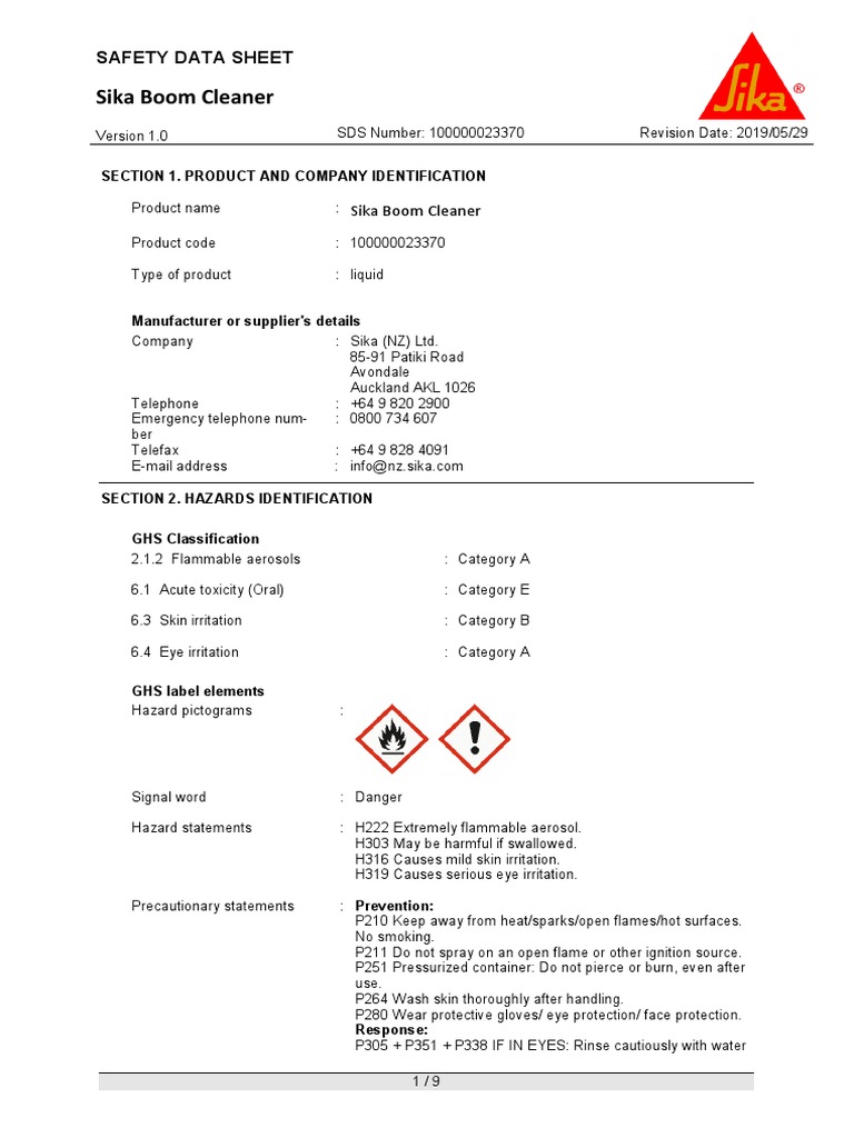 A Detailed Safety Data Sheet for Sika Boom Cleaner | PDF | Toxicity ... A Detailed Safety Data Sheet for Sika Boom Cleaner | PDF | Toxicity ...