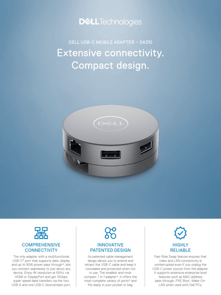Dell Usb C Mobile Adapter Da310 Data Sheet | PDF | Usb | Hdmi