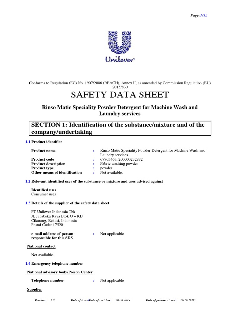 Rinso Matic Powder Detergent Safety Data | PDF | Personal Protective ...