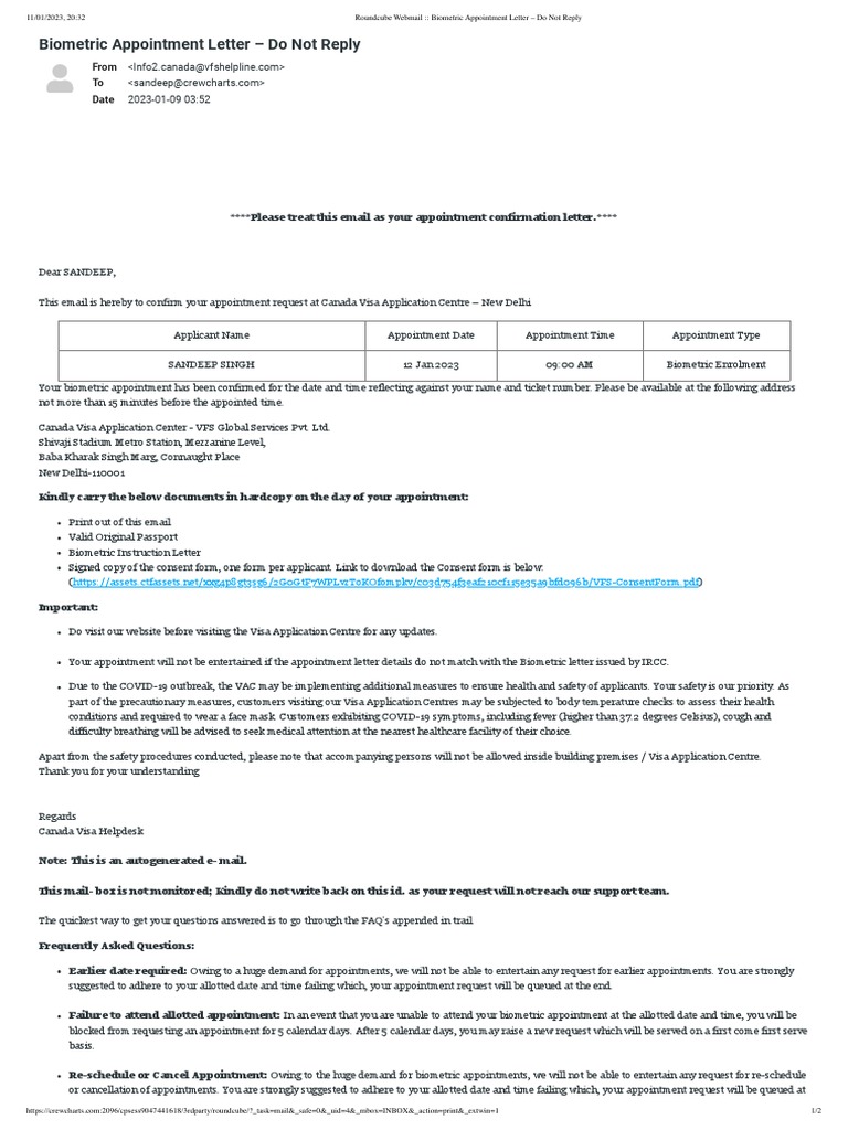 Roundcube Webmail - Biometric Appointment Letter - Do Not Reply 2 | PDF ...