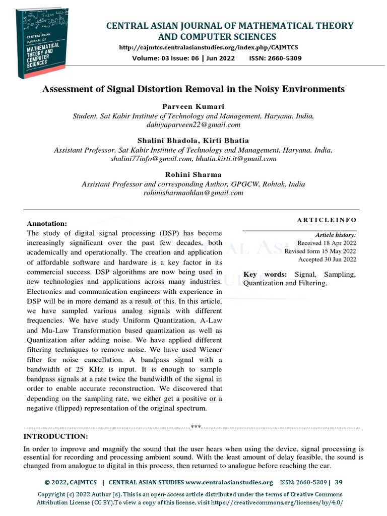Assessment of Signal Distortion Removal in The Noisy Environments | PDF | Sampling (Signal ...