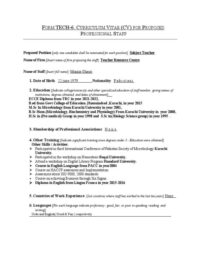 C. V Proforma of Muniza Ghauri | PDF | Teachers