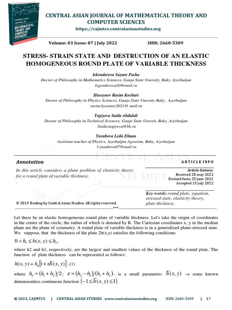 Stress - Strain State and Destruction of An Elastic Homogeneous Round Plate of Variable ...