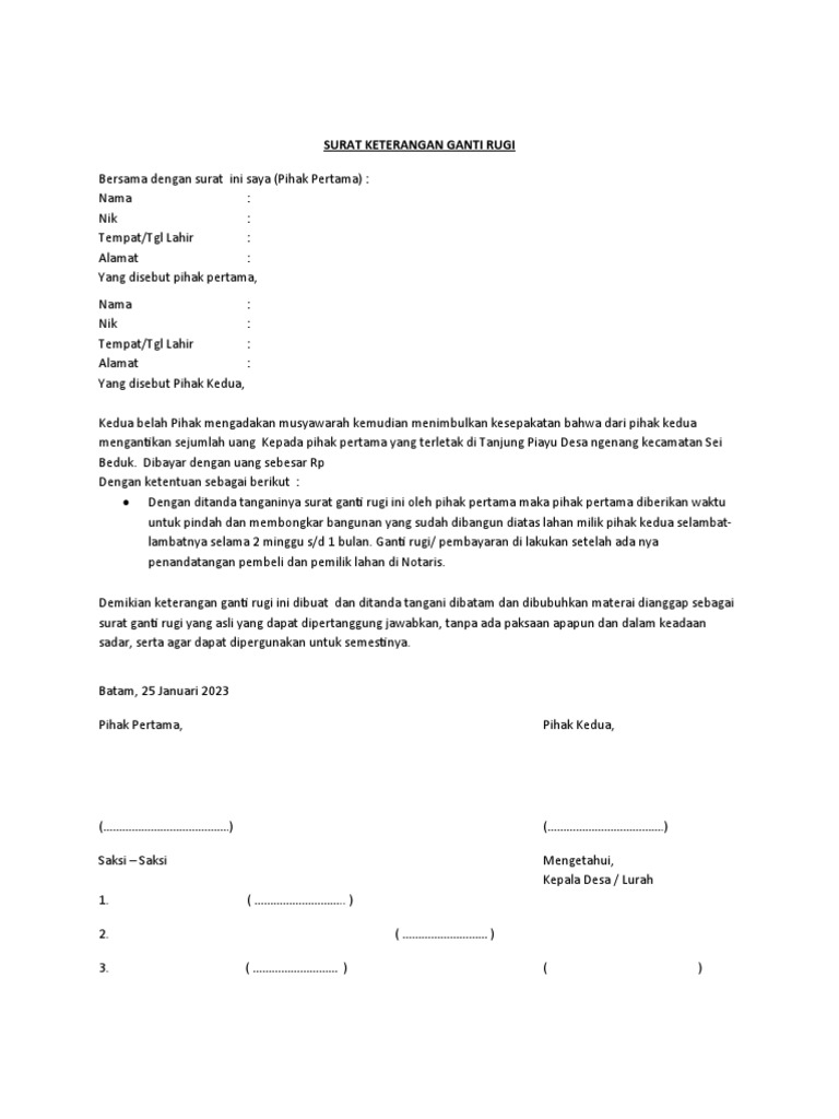 Surat Ganti Rugi | PDF
