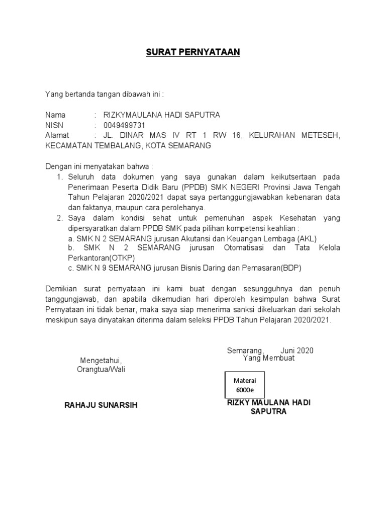 Format Surat Pernyataan PPDB | PDF