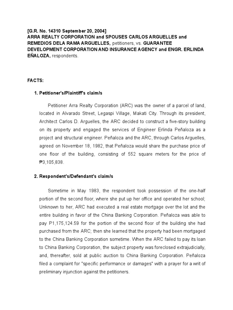 Arra Realty Corporation vs. Guarantee Development Corporation, 438 SCRA ...