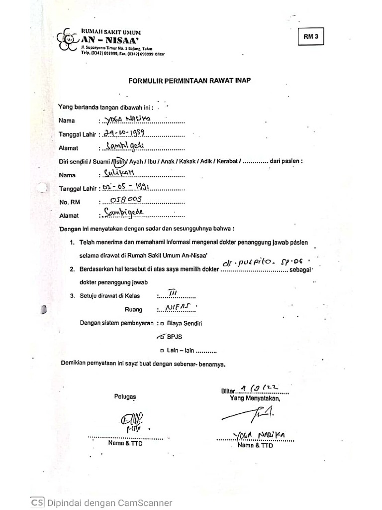Form Permintaan Rawat Inap | PDF