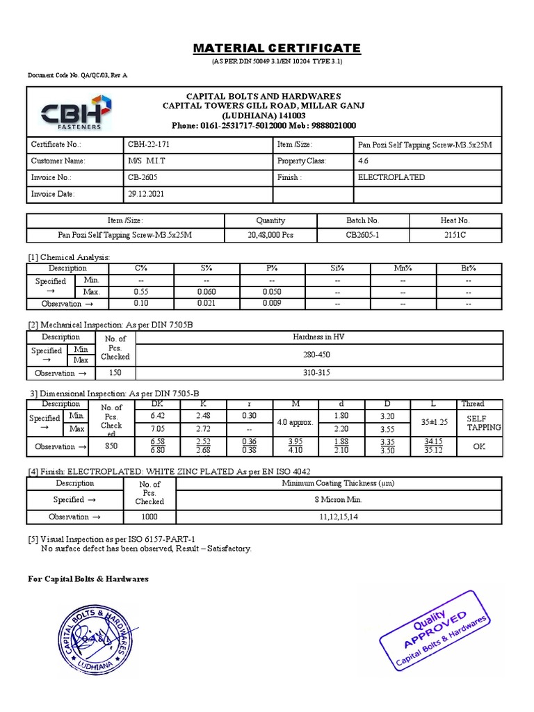 CBH-22-171 Din 7505 B Pan Pozi ST M3.5 X 25 WTZP 4.6 | PDF | Materials ...