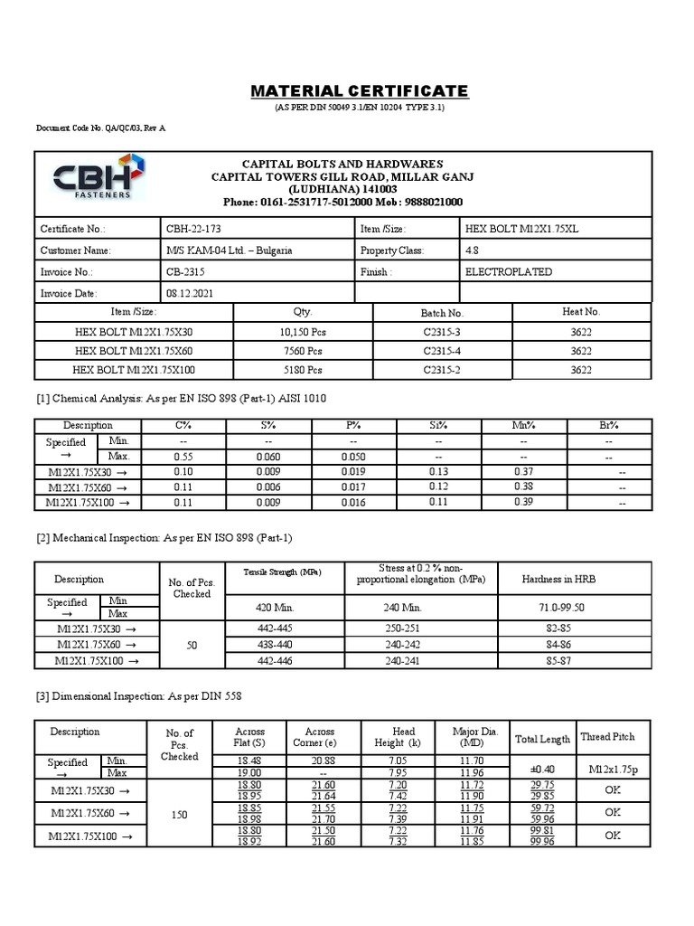 CBH-22-173 Din 558 HB M12 X 30 60 100 WTZP 4.8 | PDF | Screw | Metalworking