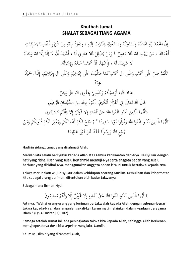 Khutbah Jumat - Shalat Sebagai Tiang Agama | PDF