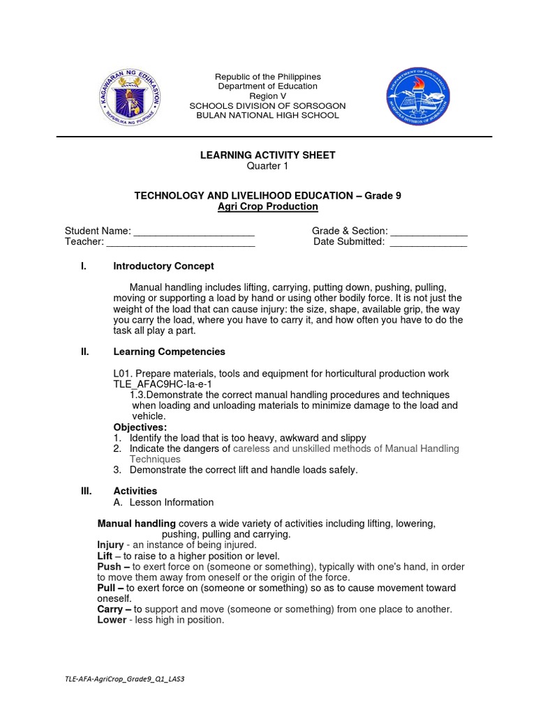 TLE-AFA-AgriCrop Grade9 Q1 LAS3 | PDF | Safety TLE-AFA-AgriCrop Grade9 Q1 LAS3 | PDF | Safety
