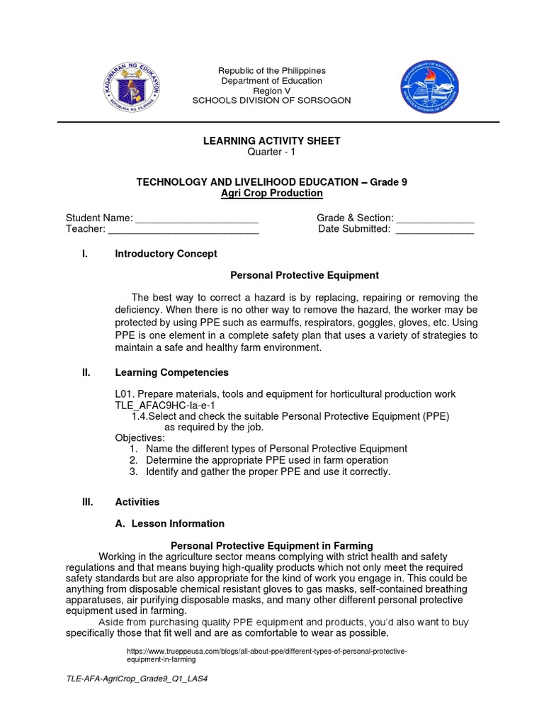 TLE-AFA-AgriCrop Grade9 Q1 LAS4 | PDF | Personal Protective Equipment ... TLE-AFA-AgriCrop Grade9 Q1 LAS4 | PDF | Personal Protective Equipment ...