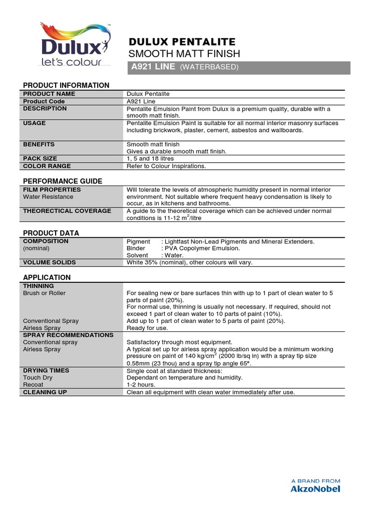 Dulux Pentalite Smooth Matt Emulsion Paint | PDF | Paint | Materials